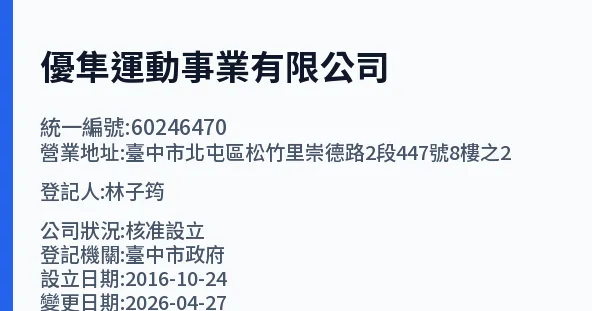 優隼運動事業有限公司的照片-統編 60246470(臺中市) 公司登記資料與營業項目詳細圖表