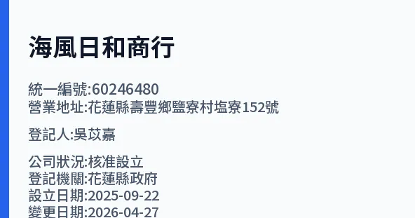 海風日和商行的照片-統編 60246480(花蓮縣) 公司登記資料與營業項目詳細圖表
