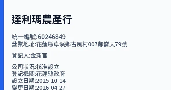 達利瑪農產行的照片-統編 60246849(花蓮縣) 公司登記資料與營業項目詳細圖表