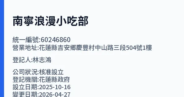 南寧浪漫小吃部的照片-統編 60246860(花蓮縣) 公司登記資料與營業項目詳細圖表