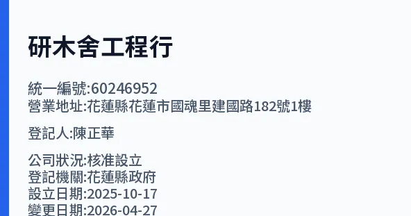 研木舍工程行的照片-統編 60246952(花蓮縣) 公司登記資料與營業項目詳細圖表