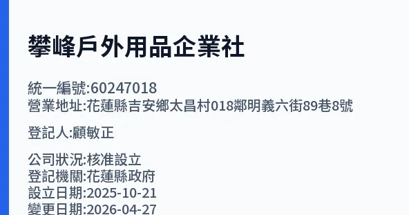 攀峰戶外用品企業社的照片-統編 60247018(花蓮縣) 公司登記資料與營業項目詳細圖表