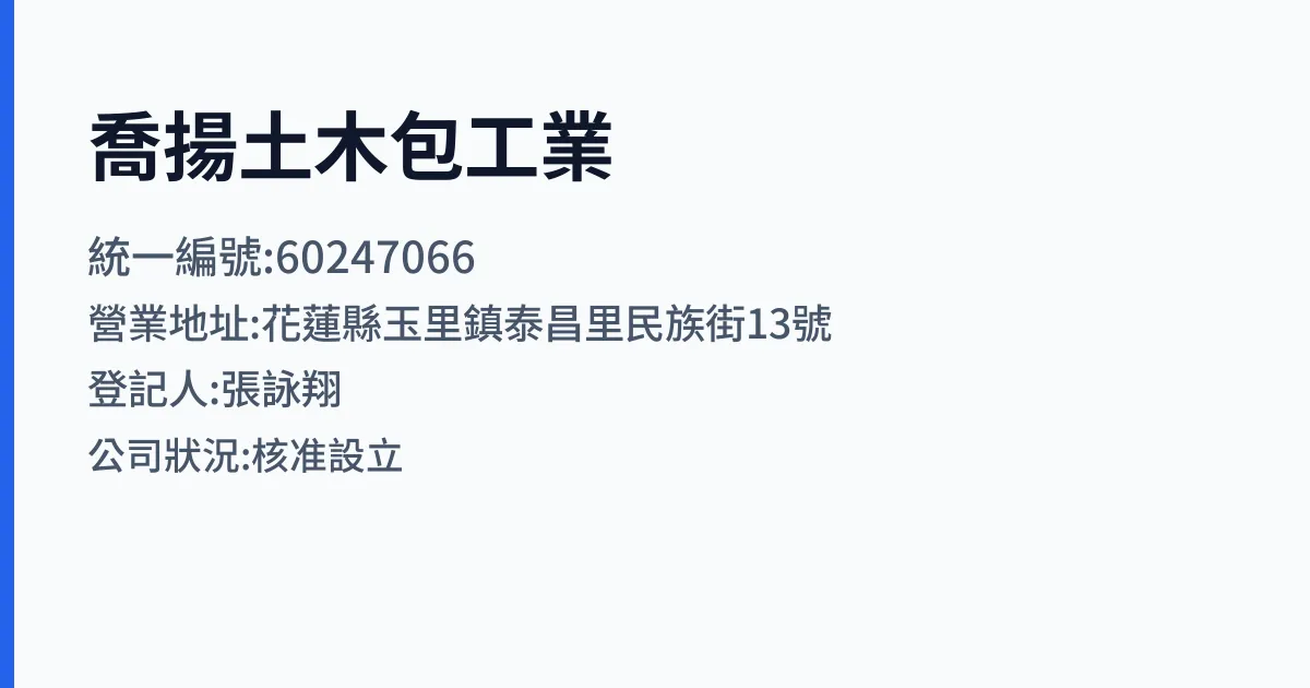 喬揚土木包工業 - 統編 60247066(花蓮縣) 公司登記資料與營業項目詳細圖表