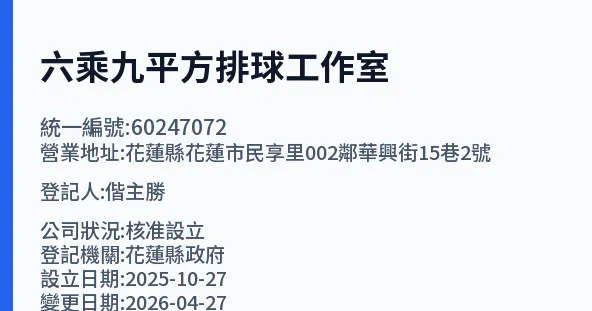 六乘九平方排球工作室的照片-統編 60247072(花蓮縣) 公司登記資料與營業項目詳細圖表