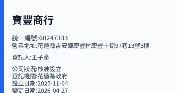 寶豐商行的照片-統編 60247333(花蓮縣) 公司登記資料與營業項目詳細圖表