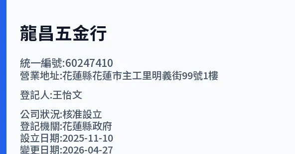 龍昌五金行的照片-統編 60247410(花蓮縣) 公司登記資料與營業項目詳細圖表