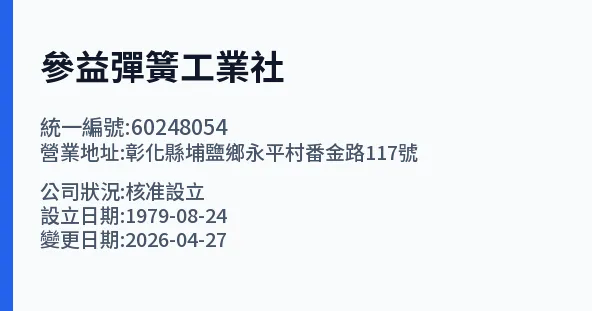 參益彈簧工業社的照片-統編 60248054(彰化縣) 公司登記資料與營業項目詳細圖表