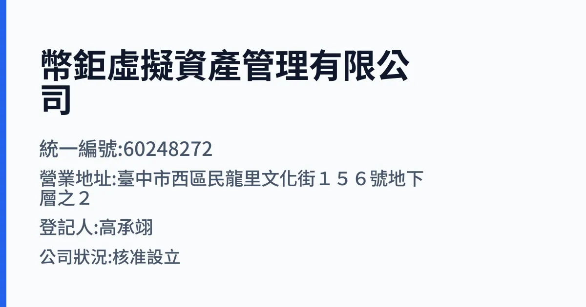 幣鉅虛擬資產管理有限公司 - 統編 60248272(臺中市) 公司登記資料與營業項目詳細圖表