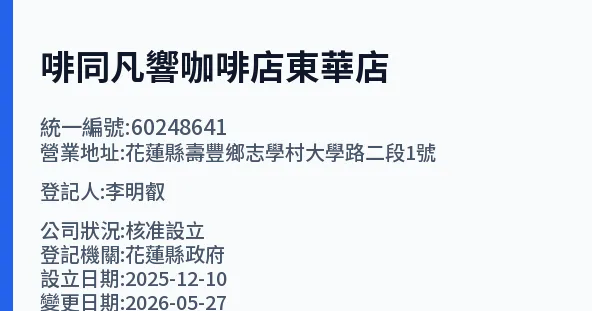 啡同凡響咖啡店東華店的照片-統編 60248641(花蓮縣) 公司登記資料與營業項目詳細圖表