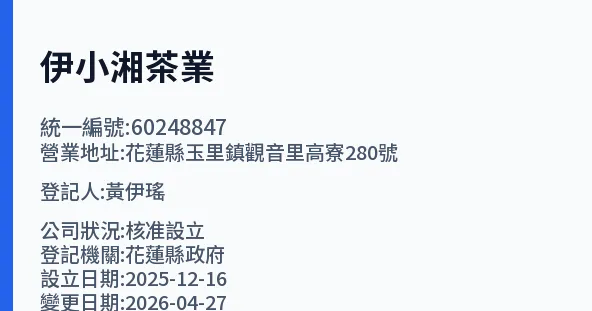 伊小湘茶業的照片-統編 60248847(花蓮縣) 公司登記資料與營業項目詳細圖表