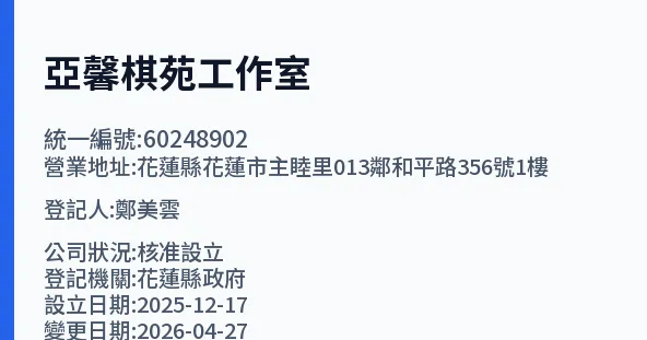 亞馨棋苑工作室的照片-統編 60248902(花蓮縣) 公司登記資料與營業項目詳細圖表