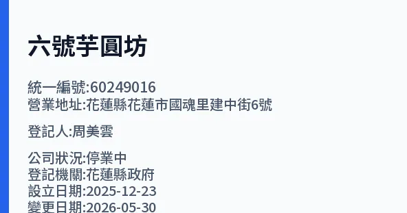 六號芋圓坊的照片-統編 60249016(花蓮縣) 公司登記資料與營業項目詳細圖表