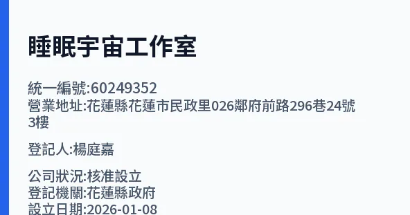 睡眠宇宙工作室的照片-統編 60249352(花蓮縣) 公司登記資料與營業項目詳細圖表