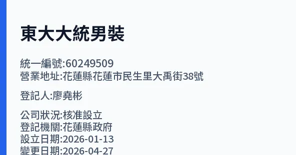 東大大統男裝的照片-統編 60249509(花蓮縣) 公司登記資料與營業項目詳細圖表
