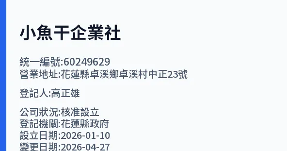 小魚干企業社的照片-統編 60249629(花蓮縣) 公司登記資料與營業項目詳細圖表