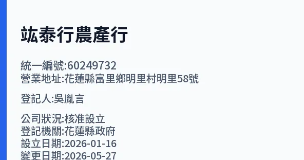 竑泰行農產行的照片-統編 60249732(花蓮縣) 公司登記資料與營業項目詳細圖表