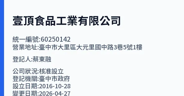 壹頂食品工業有限公司的照片-統編 60250142(臺中市) 公司登記資料與營業項目詳細圖表