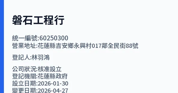 磐石工程行的照片-統編 60250300(花蓮縣) 公司登記資料與營業項目詳細圖表