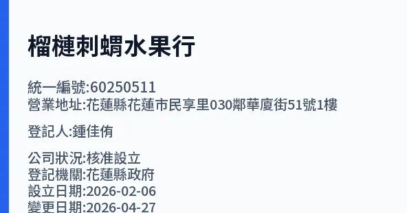榴槤刺蝟水果行的照片-統編 60250511(花蓮縣) 公司登記資料與營業項目詳細圖表