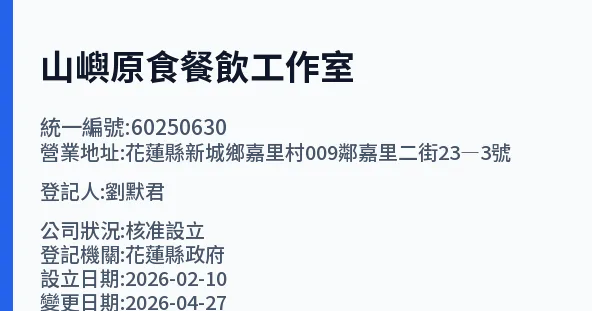 山嶼原食餐飲工作室的照片-統編 60250630(花蓮縣) 公司登記資料與營業項目詳細圖表