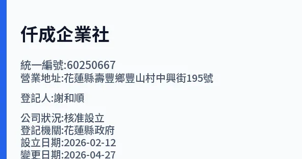 仟成企業社的照片-統編 60250667(花蓮縣) 公司登記資料與營業項目詳細圖表