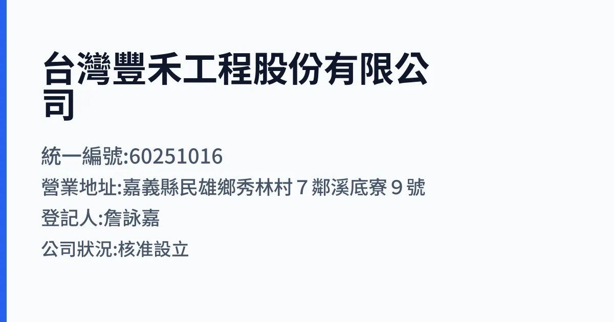 台灣豐禾工程股份有限公司 - 統編 60251016(嘉義縣) 公司登記資料與營業項目詳細圖表