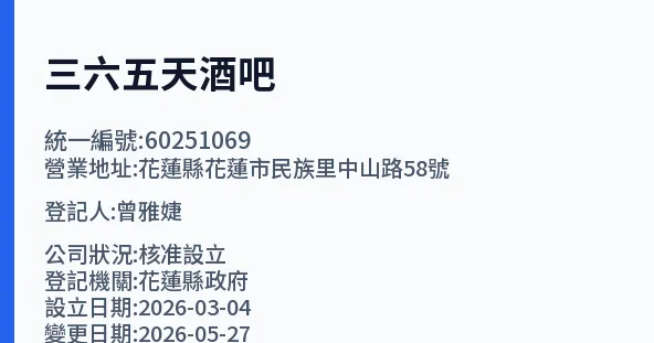 三六五天酒吧的照片-統編 60251069(花蓮縣) 公司登記資料與營業項目詳細圖表