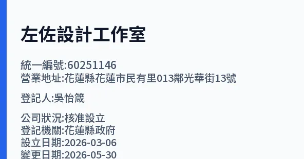 左佐設計工作室的照片-統編 60251146(花蓮縣) 公司登記資料與營業項目詳細圖表