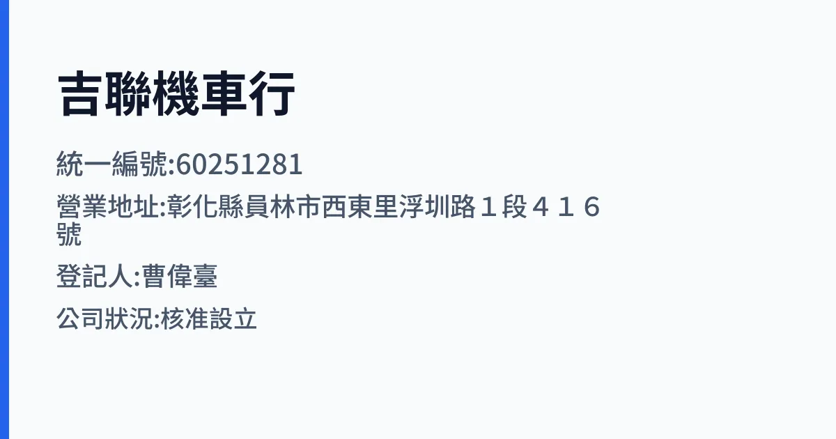 吉聯機車行 - 統編 60251281(彰化縣) 公司登記資料與營業項目詳細圖表