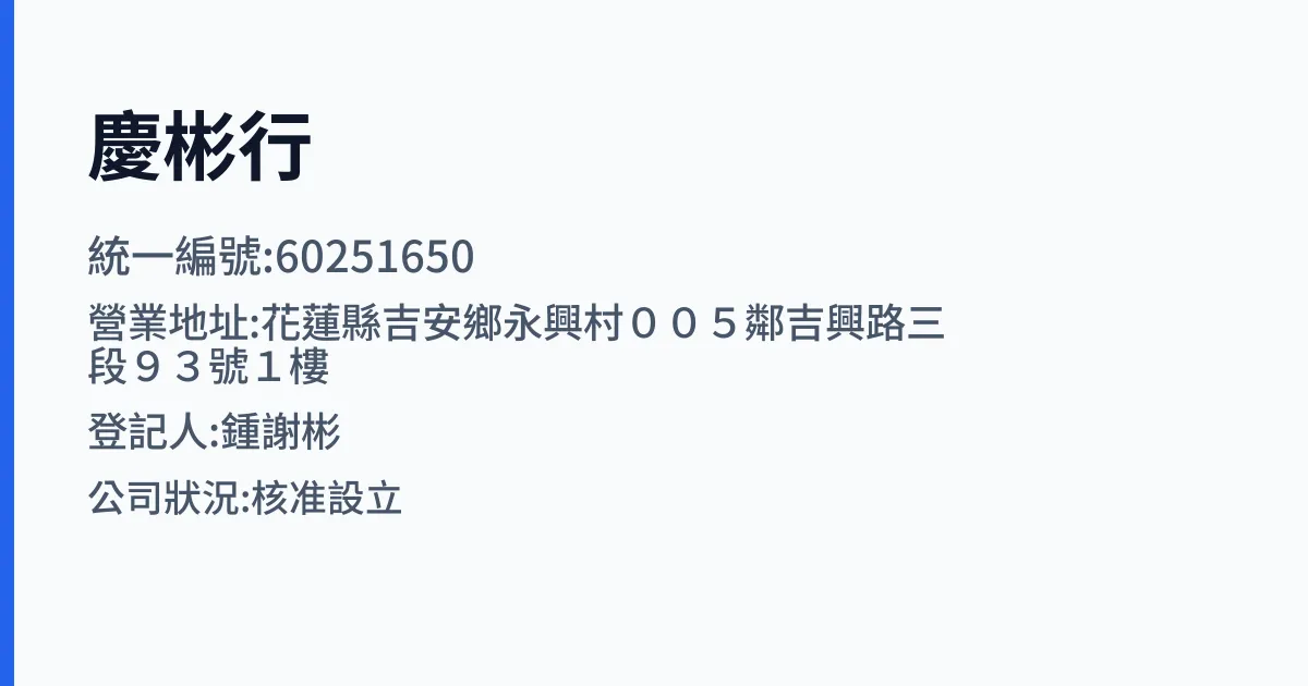 慶彬行 - 統編 60251650(花蓮縣) 公司登記資料與營業項目詳細圖表