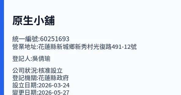 原生小舖的照片-統編 60251693(花蓮縣) 公司登記資料與營業項目詳細圖表