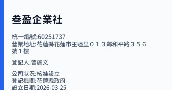 叁盈企業社的照片-統編 60251737(花蓮縣) 公司登記資料與營業項目詳細圖表