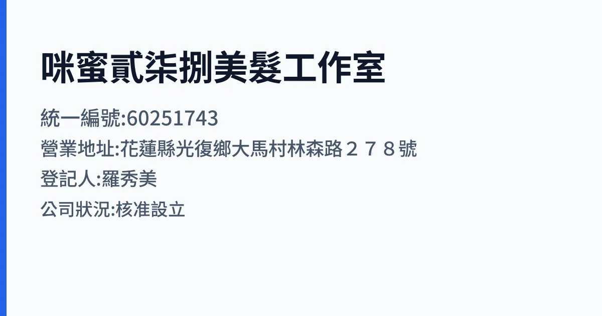 咪蜜貳柒捌美髮工作室 - 統編 60251743(花蓮縣) 公司登記資料與營業項目詳細圖表