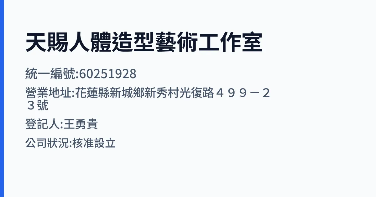 天賜人體造型藝術工作室 - 統編 60251928(花蓮縣) 公司登記資料與營業項目詳細圖表
