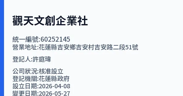 觀天文創企業社的照片-統編 60252145(花蓮縣) 公司登記資料與營業項目詳細圖表