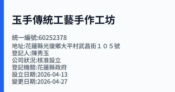 玉手傳統工藝手作工坊的照片-統編 60252378(花蓮縣) 公司登記資料與營業項目詳細圖表