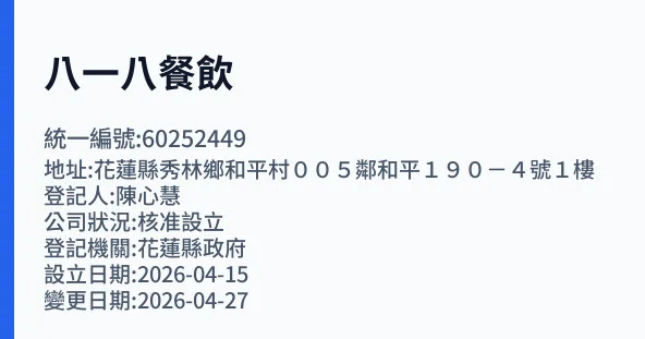 八一八餐飲的照片-統編 60252449(花蓮縣) 公司登記資料與營業項目詳細圖表