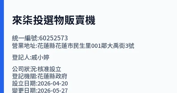 來柒投選物販賣機的照片-統編 60252573(花蓮縣) 公司登記資料與營業項目詳細圖表