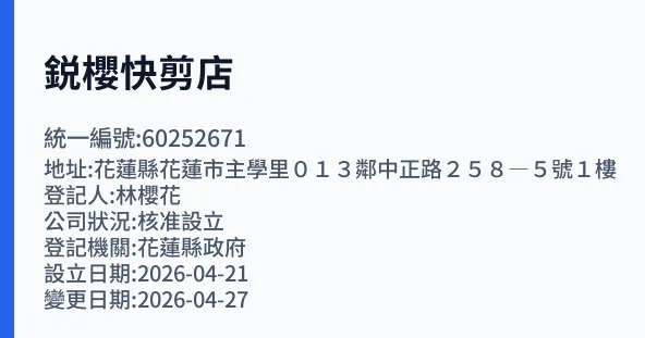 鋭櫻快剪店的照片-統編 60252671(花蓮縣) 公司登記資料與營業項目詳細圖表