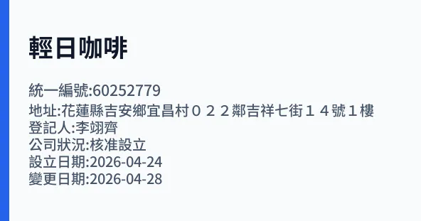輕日咖啡的照片-統編 60252779(花蓮縣) 公司登記資料與營業項目詳細圖表