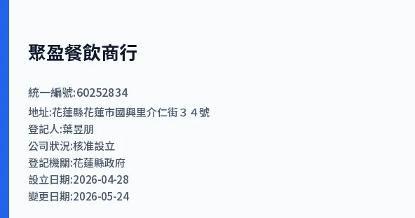 聚盈餐飲商行的照片-統編 60252834(花蓮縣) 公司登記資料與營業項目詳細圖表