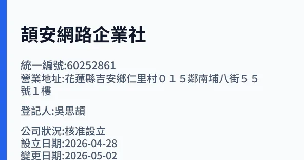 頡安網路企業社的照片-統編 60252861(花蓮縣) 公司登記資料與營業項目詳細圖表
