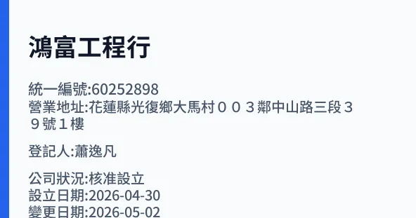 鴻富工程行的照片-統編 60252898(花蓮縣) 公司登記資料與營業項目詳細圖表