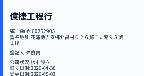 億捷工程行的照片-統編 60252905(花蓮縣) 公司登記資料與營業項目詳細圖表