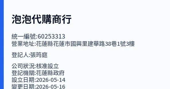 泡泡代購商行的照片-統編 60253313(花蓮縣) 公司登記資料與營業項目詳細圖表