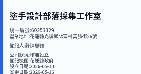 塗手設計部落採集工作室的照片-統編 60253329(花蓮縣) 公司登記資料與營業項目詳細圖表