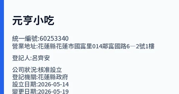 元亨小吃的照片-統編 60253340(花蓮縣) 公司登記資料與營業項目詳細圖表