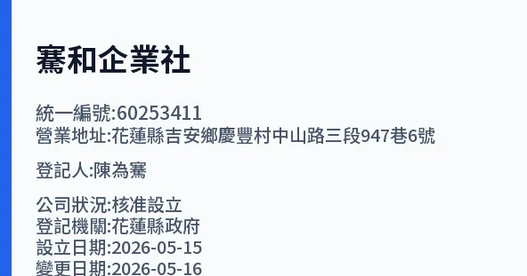 騫和企業社的照片-統編 60253411(花蓮縣) 公司登記資料與營業項目詳細圖表