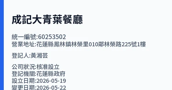成記大青葉餐廳的照片-統編 60253502(花蓮縣) 公司登記資料與營業項目詳細圖表