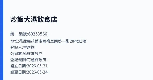 炒飯大濕飲食店的照片-統編 60253566(花蓮縣) 公司登記資料與營業項目詳細圖表